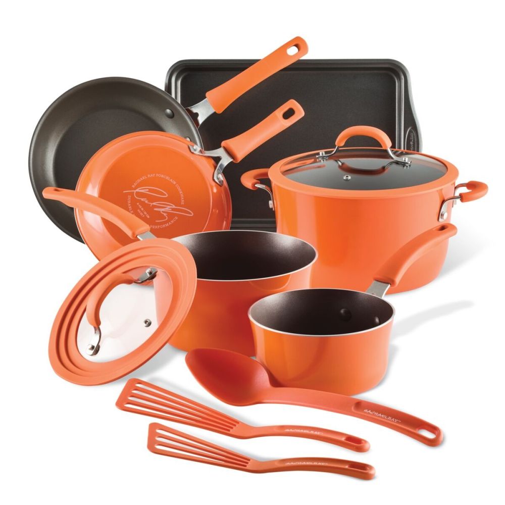11-Piece Enameled Nonstick Cookware Set (Orange) | Rachael Ray ...